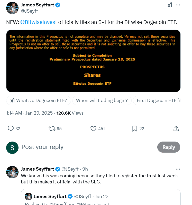 Dogecoin’s Biggest Moment Yet Bitwise Files for First Fully Backed DOGE ETF - The Bit Journal